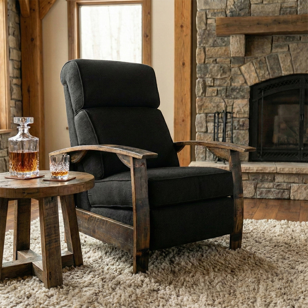 Whiskey Barrel Recliner -Black Plush Fabric